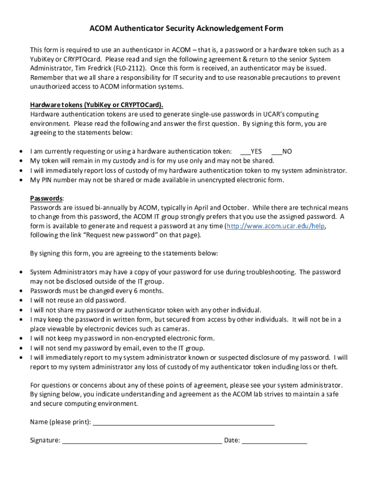 Fillable Online ACOM Authenticator Security Acknowledgement Form Fax ...