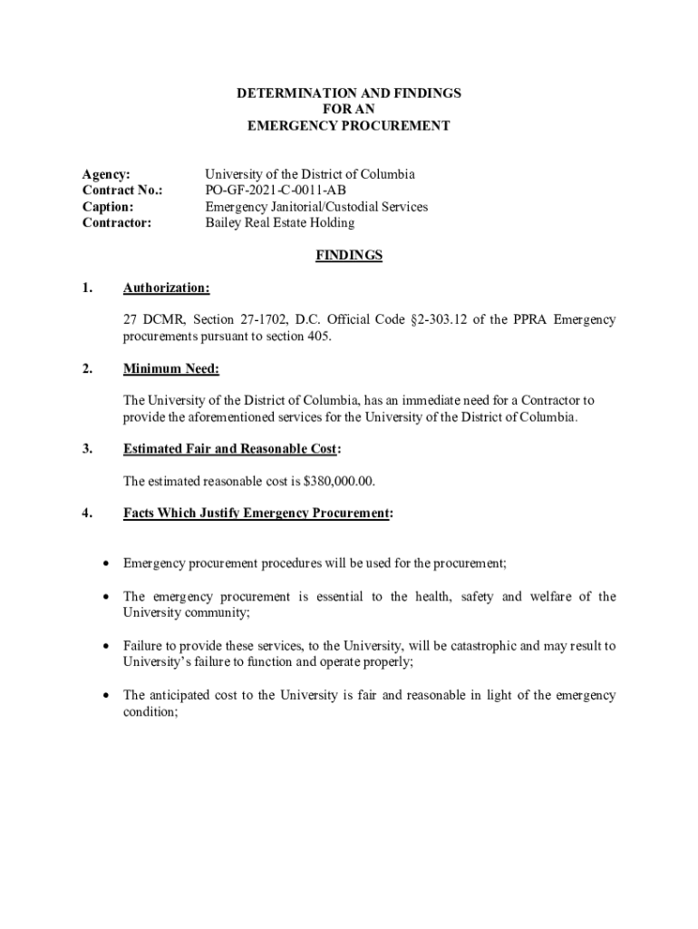 Fillable Online DETERMINATION AND FINDINGS FOR EMERGENCY PROCUREMENT ...