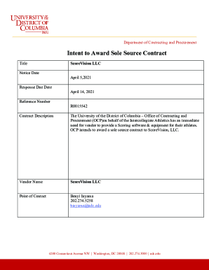 Fillable Online Intent to Award Sole Source Contract - Score Vision LLC ...