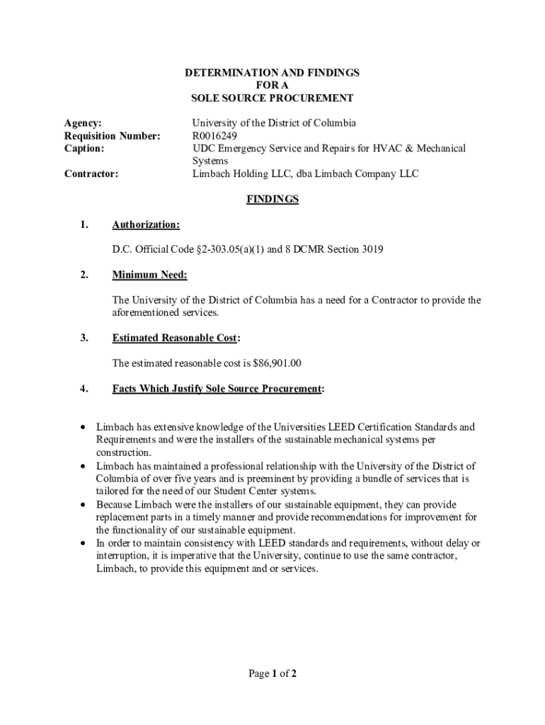 Fillable Online DETERMINATION AND FINDINGS FOR A SOLE SOURCE ...