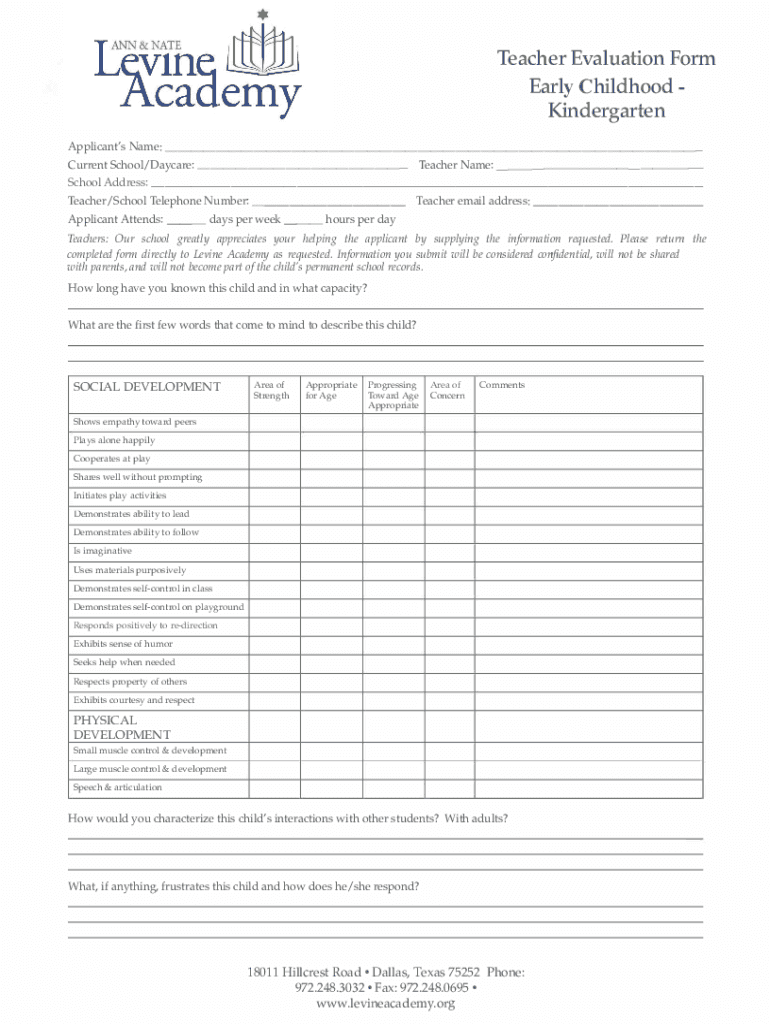Fillable Online Preschool Teacher Evaluation Form - Free ...