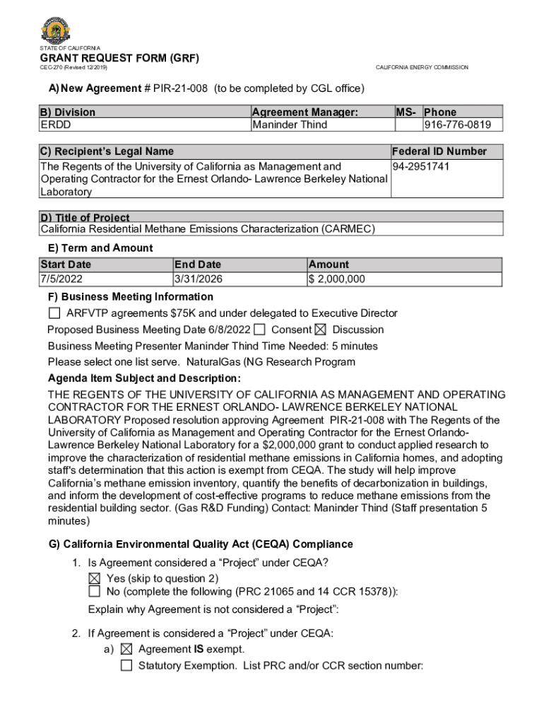 Fillable Online GRANT REQUEST FORM (GRF) A) New Agreement # PIR-21-008 ...