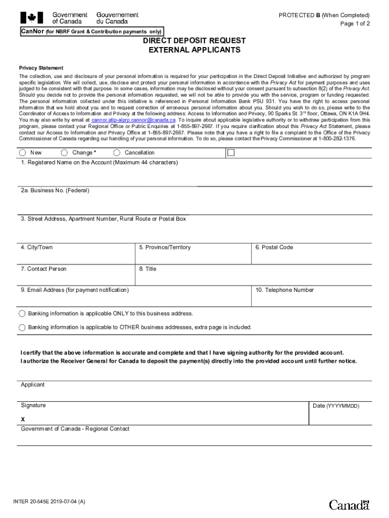 Canada Direct Deposit Request Form - Blank Fillable Template | Fill Out ...