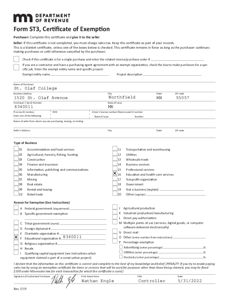 Fillable Online Form ST3, Certificate of Exemption - St. Olaf College ...