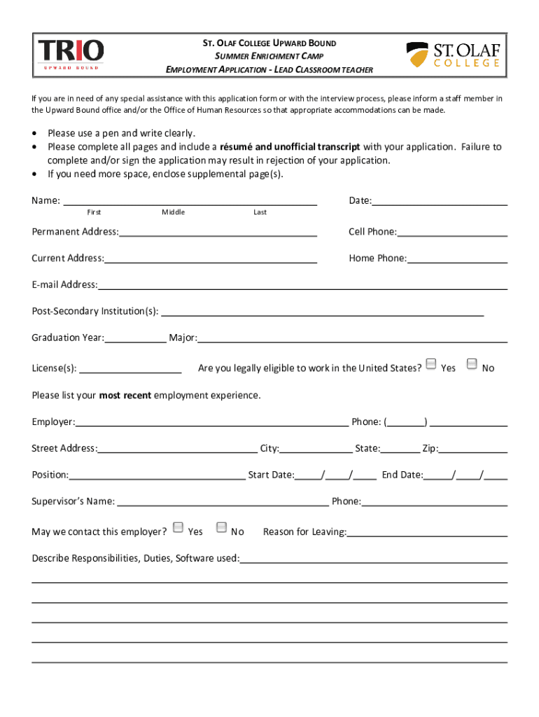 Fillable Online wp.stolaf.edu upward filesST OLAF COLLEGE UPWARD OUND SUMMER ENRICHMENT CAMP ...