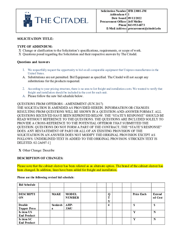 Fillable Online Solicitation Number IFB 22011-JM Addendum # Date Issued ...