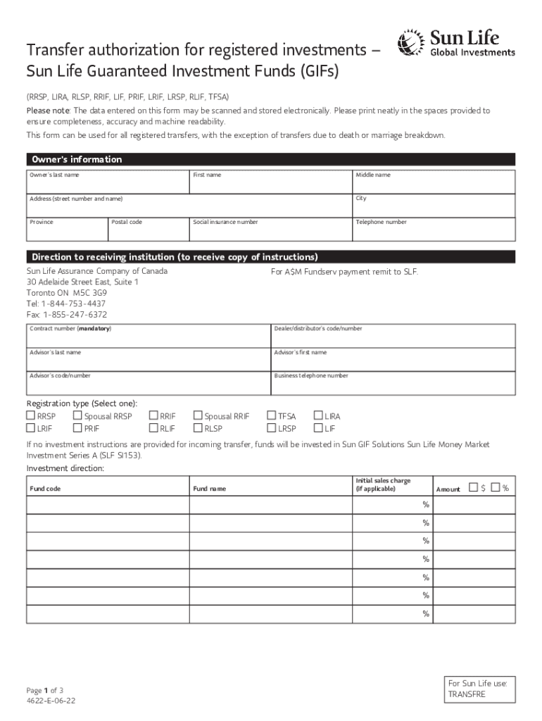 Fillable Online Transfer authorization for registered investmentsSun ...