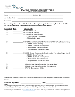 Fillable Online Training Acknowledgement Form - Fill and Sign Printable ...