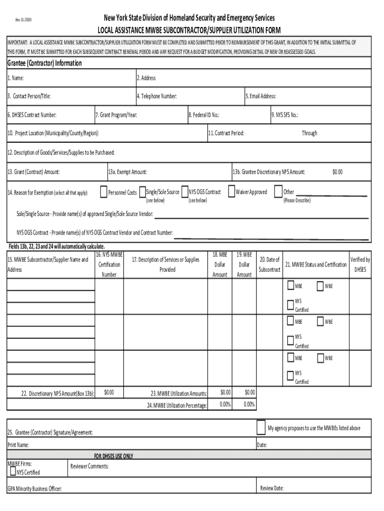 Fillable Online DHSES MWBE Subcontractor/Supplier Utilization Form Fax ...