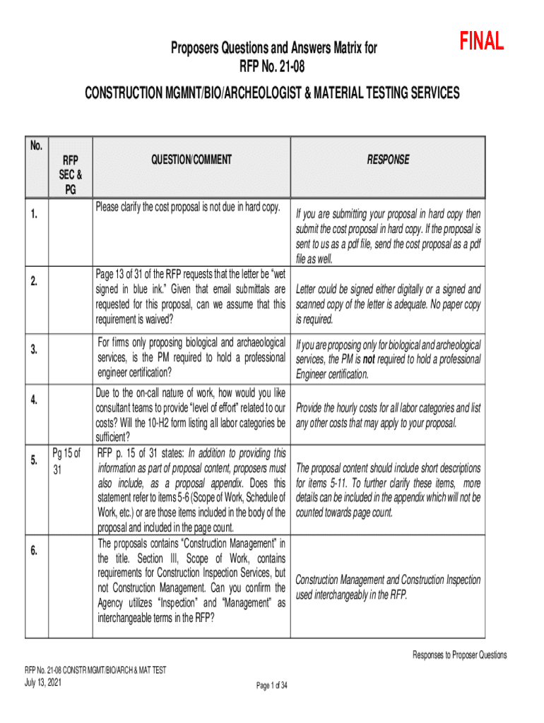 Fillable Online Proposers Questions and Answers Matrix for RFP No. 21 ...