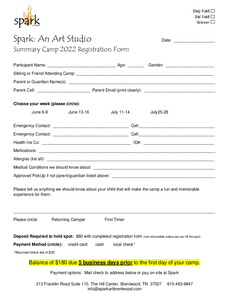 Fillable Online Art Camp Registration FORM 2022! - Clifton Art Studio ...