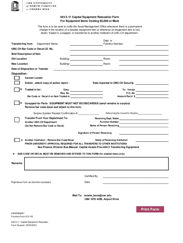 Fillable Online Get the free Capital Equipment Relocation Form For ...