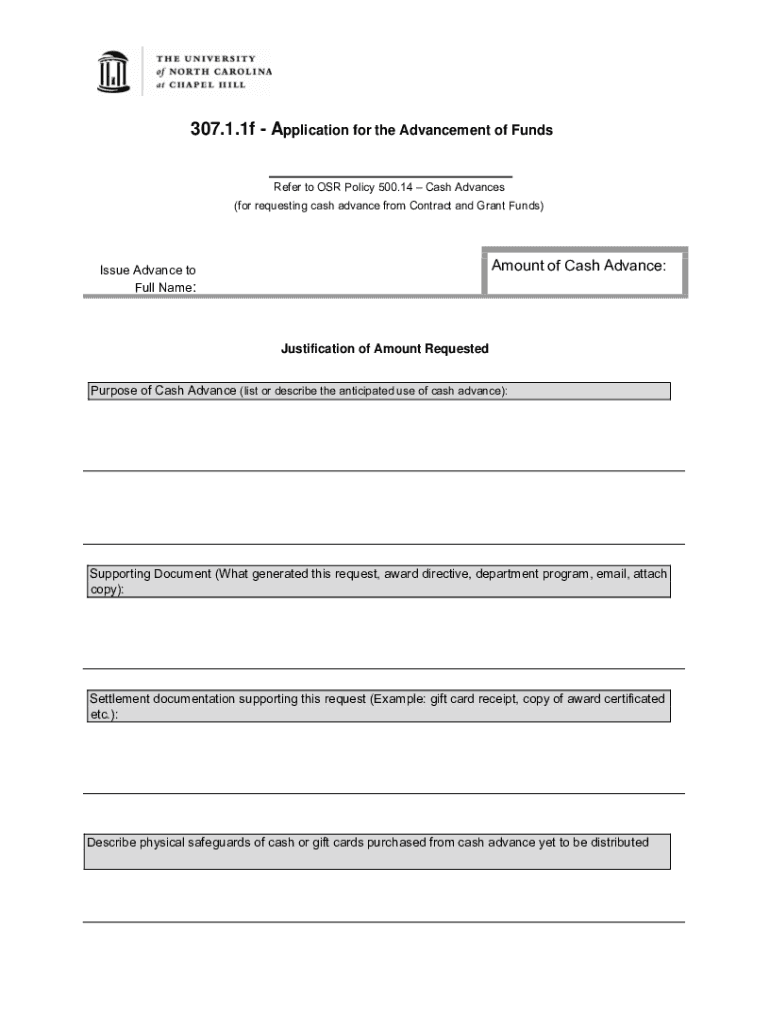 Fillable Online Application for the Advancement of Funds - UNC Finance ...