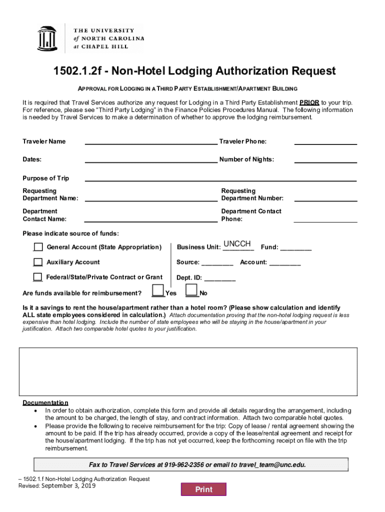 Fillable Online 1305.1.1f - Non-Hotel Lodging Authorization Request - UNC Department of ... Fax ...