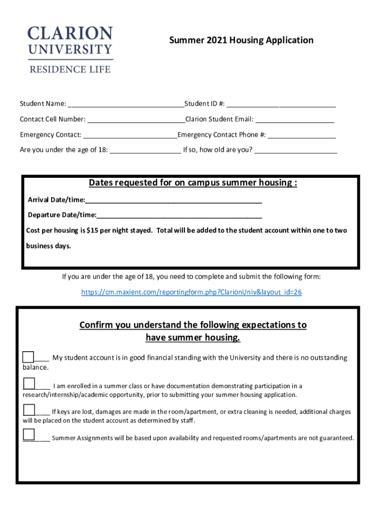 Fillable Online Summer 2021 Housing Application - Clarion University ...