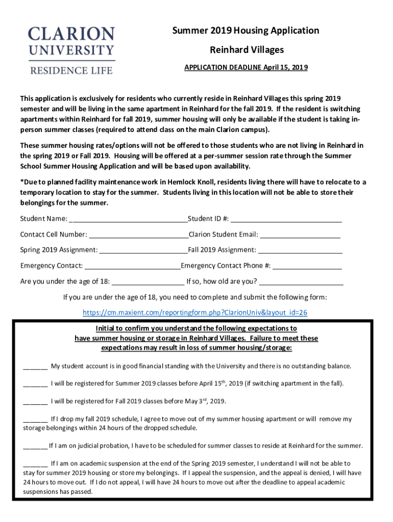 Fillable Online Summer 2019 Housing Application Reinhard Villages Fax ...