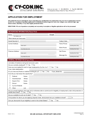 Fillable Online APPLICATION FOR EMPLOYMENT - Cy-Con Fax Email Print ...