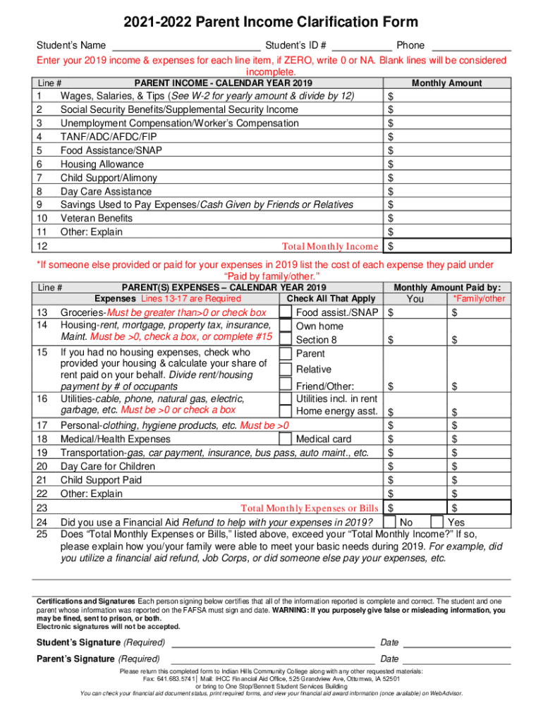 Fillable Online 2021-2022 Parent Income Clarification Form Fax Email ...