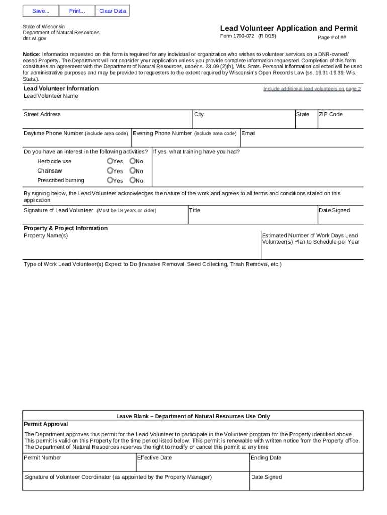 Fillable Online Form 17000-072 Lead Volunteer Application and Permit. Form 17000-072, 1700-72 ...