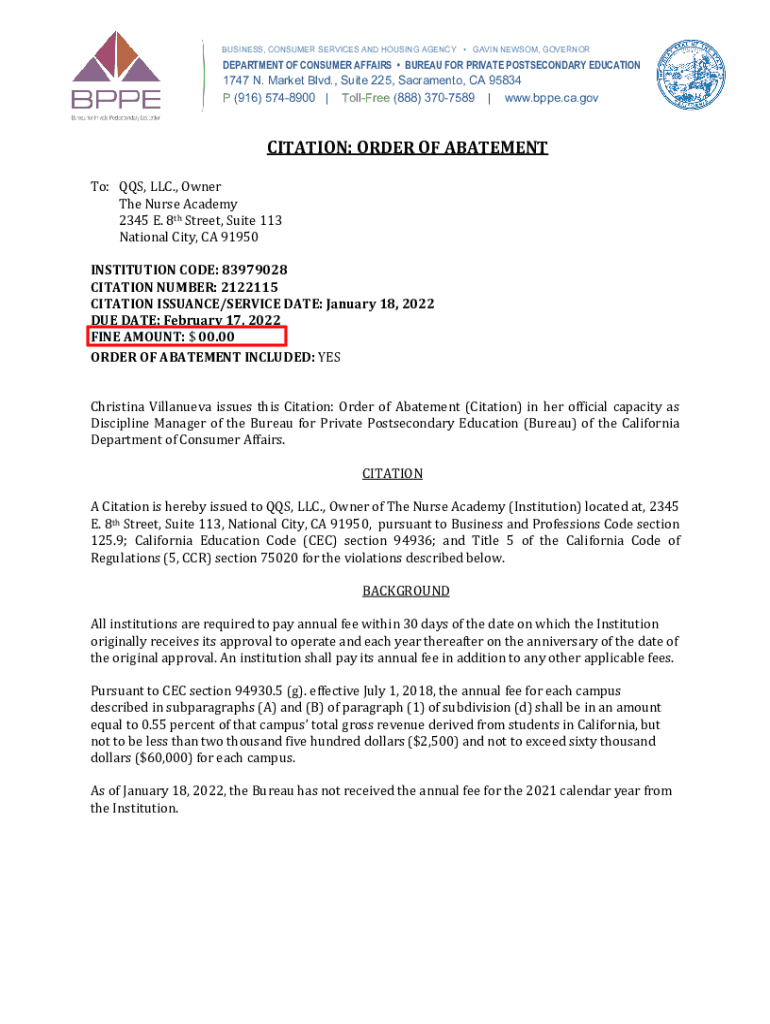 Fillable Online Citation: Order of Abatement - The Nurse Academy - BPPE ...