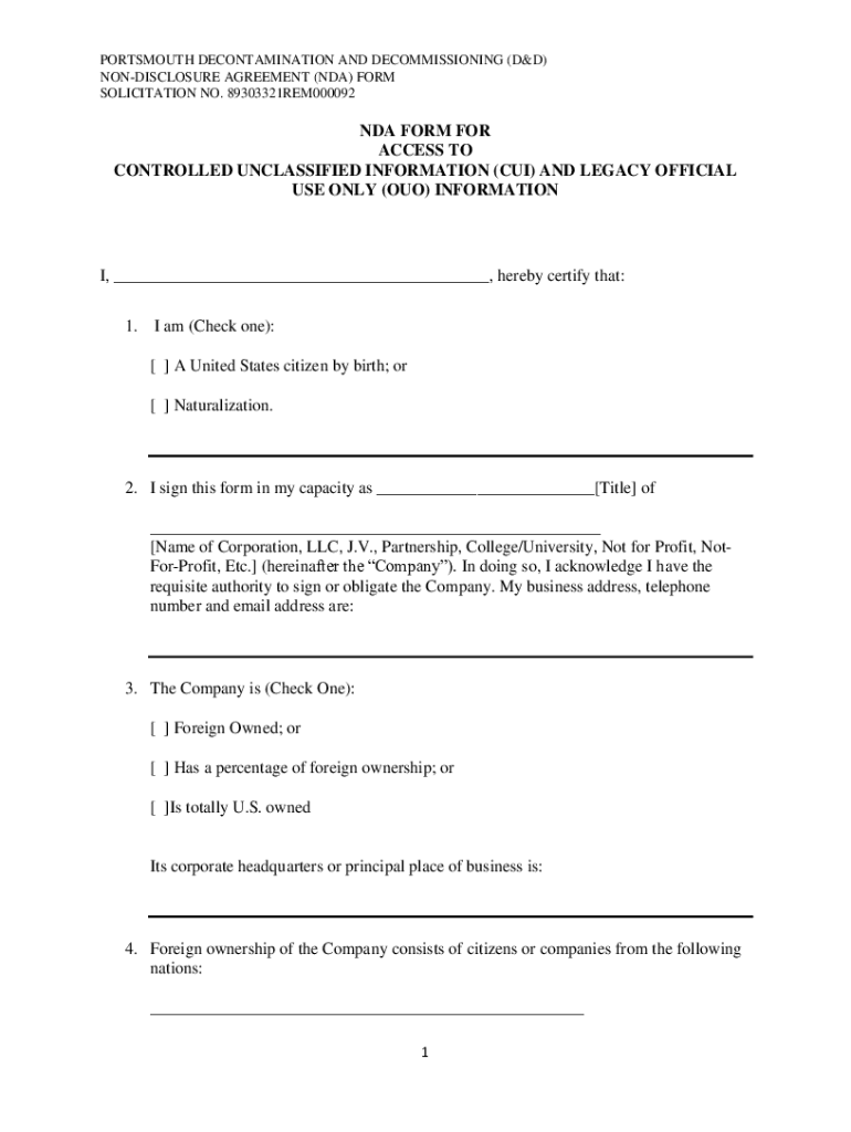 Fillable Online NDA FORM FOR ACCESS TO CONTROLLED UNCLASSIFIED ...