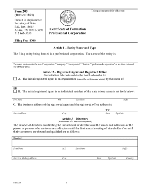 Fillable Online Form 203 - Certificate of Formation - Professional ...