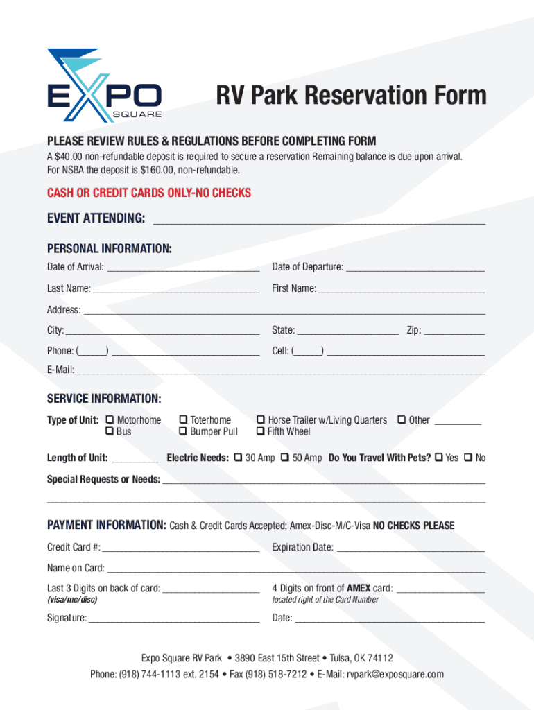 Fillable Online Reservation FormAndreas on the River RV Park - Century ...