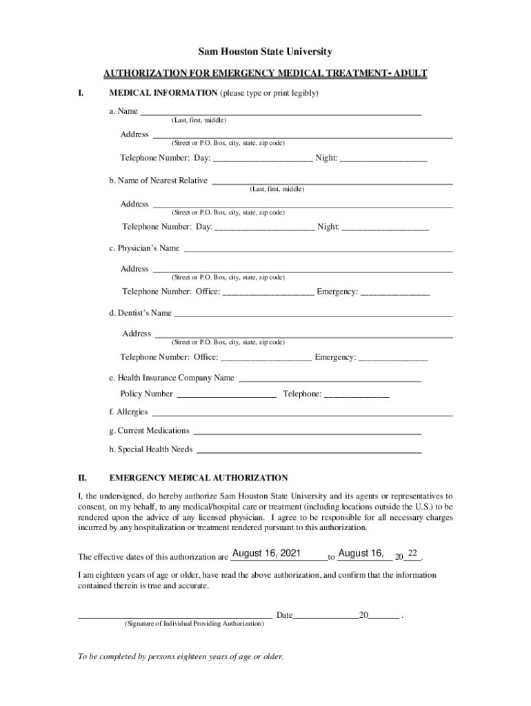 Fillable Online Sam Houston State University Authorization For Emergency Medical ... Fax Email ...