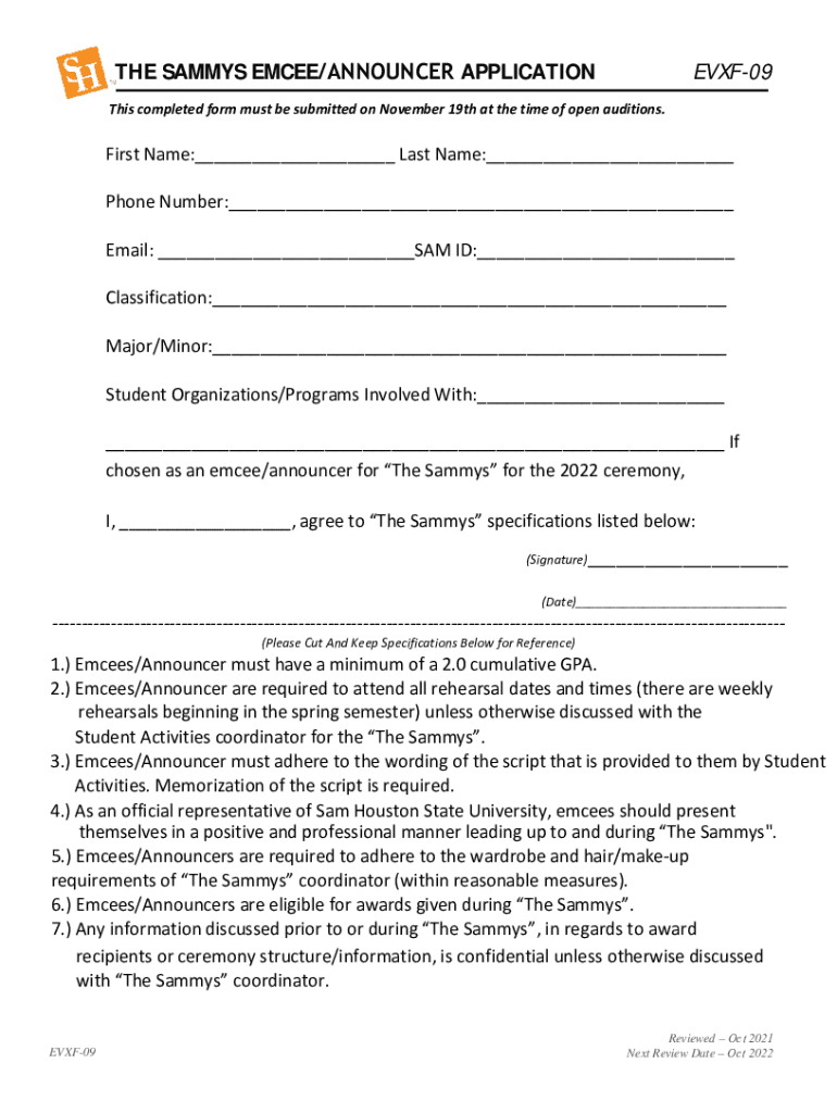 Fillable Online THE SAMMYS EMCEE/ANNOUNCER APPLICATION EVXF-09 - Sam Houston State ... Fax Email ...