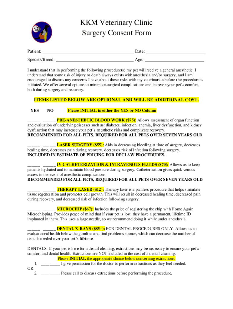 Fillable Online Surgery Consent FormPikes Peak Veterinary Clinic Fax ...