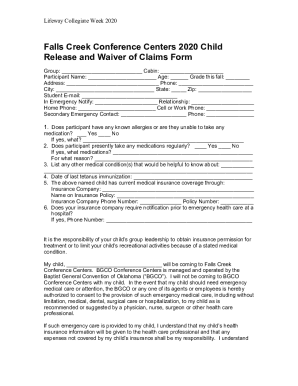 Fillable Online Falls Creek Conference Centers 2020 Child Release and ...