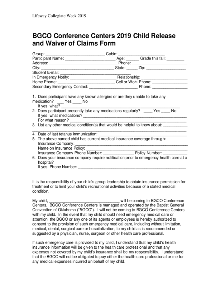 Fillable Online BGCO Conference Centers 2019 Child Release and Waiver ...