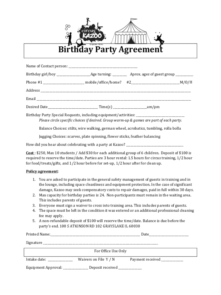 Fillable Online Birthday Party Agreement Kazoo.docx Fax Email Print ...