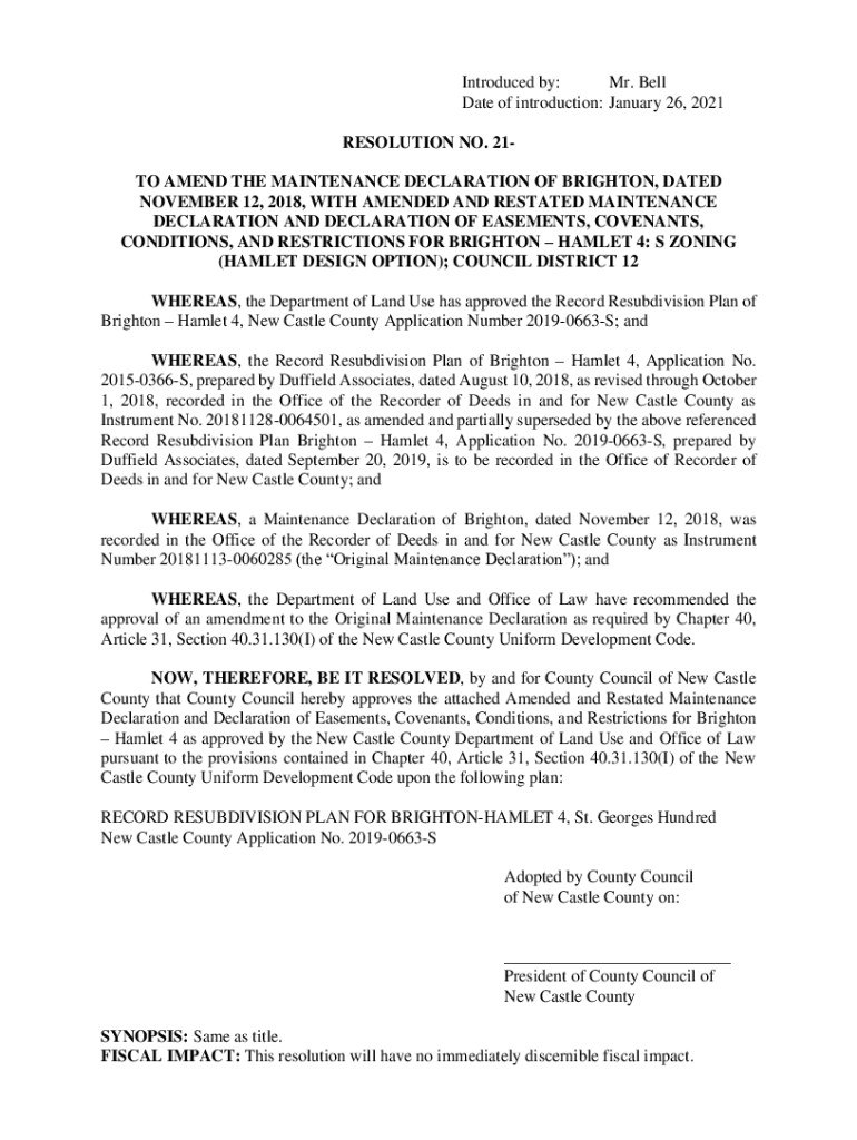 Fillable Online RESOLUTION NO. 21-003 AMENDMENT TO EXISTING MAINTENANCE ...