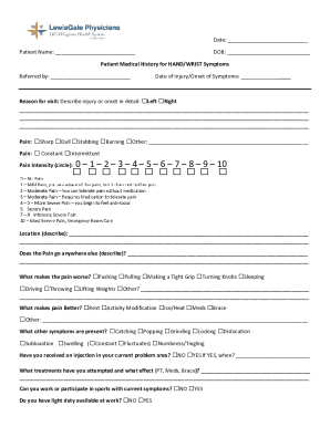 Fillable Online Patient Medical History for HAND/WRIST Symptoms. HAND ...