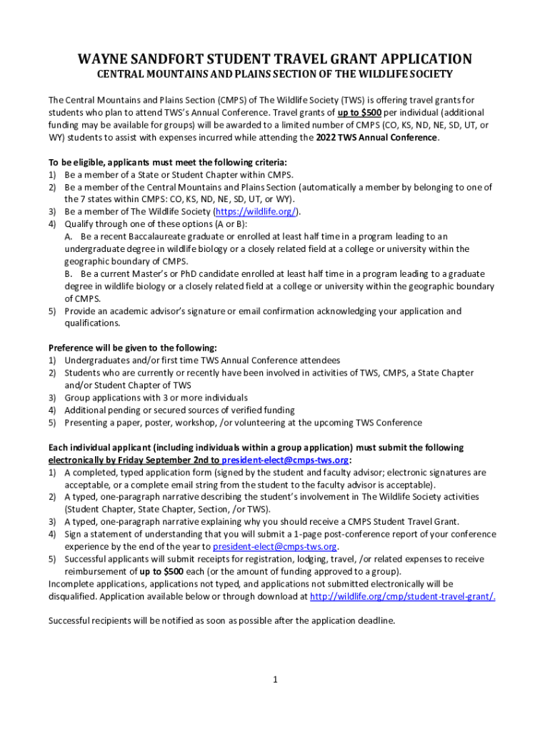 Fillable Online WAYNE SANDFORT STUDENT TRAVEL GRANT APPLICATION CENTRAL MOUNTAINS AND ... Fax ...