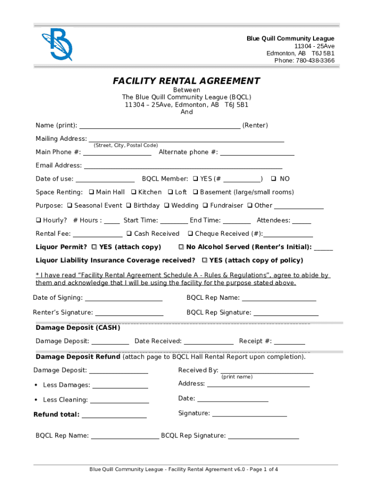 FACILITY RENTAL AGREEMENT - BQCL Doc Template | pdfFiller