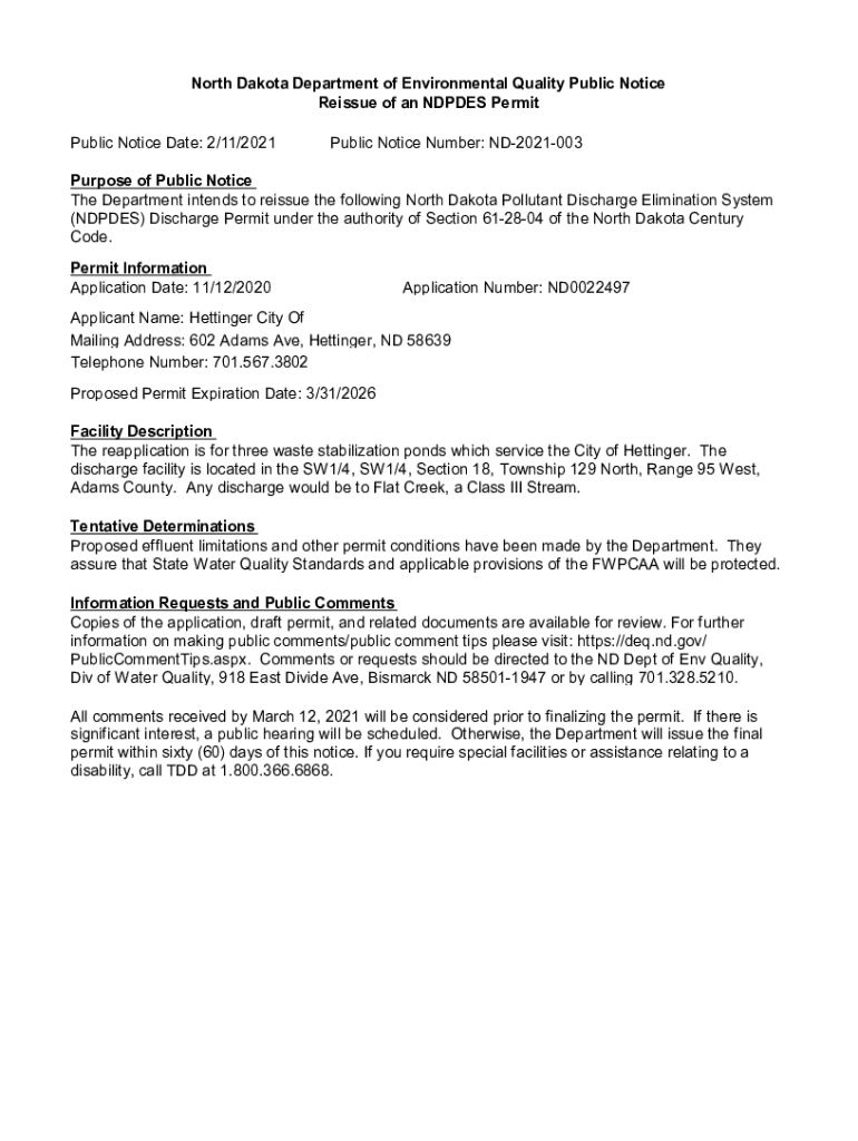Fillable Online deq.nd.gov NDPDES-Hettinger-20210312Reissue of an ...
