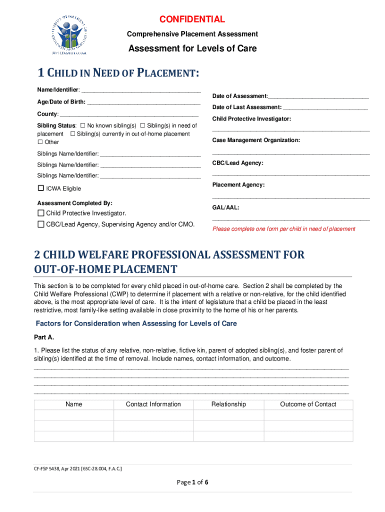 Fillable Online Comprehensive Placement Assessment - Florida Department of Children and ... Fax ...