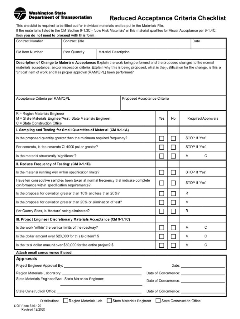 Fillable Online wsdot wa DOT Form 350-120 Reduced Acceptance Criteria Checklist Fax Email Print ...