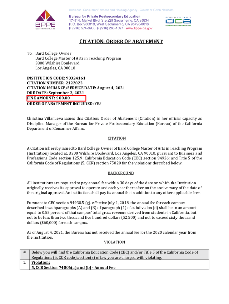 Fillable Online Bard College - Citation: Order of Abatement - BPPE Fax ...