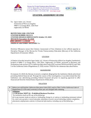 Fillable Online citation: assessment of fine - BPPE - CA.gov Fax Email ...