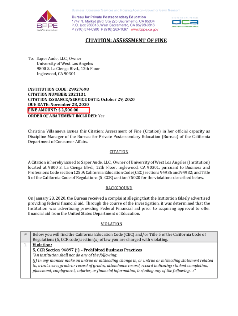Fillable Online citation: assessment of fine - BPPE - CA.gov Fax Email ...