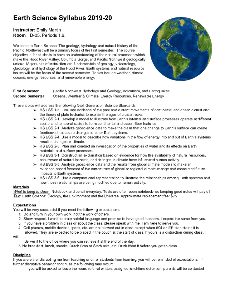 Fillable Online 6th Grade Earth Science Syllabus - Yeager Middle School ...
