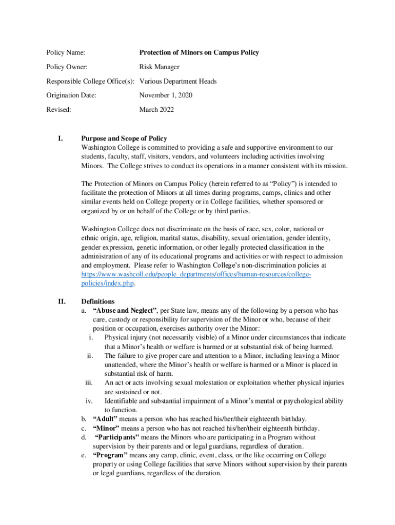 Fillable Online Policy - Minors on Campus - Risk Management ...