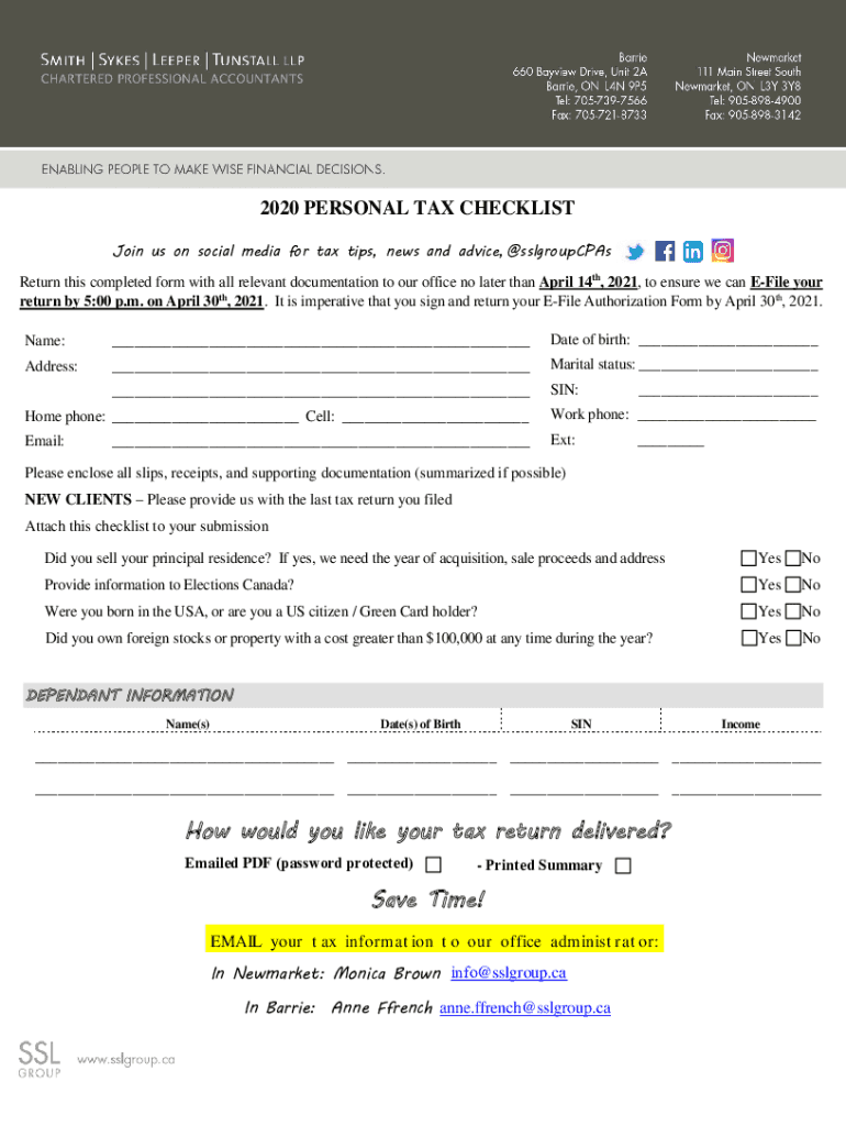Fillable Online 2020 Personal Tax Checklist (003) Fax Email Print ...