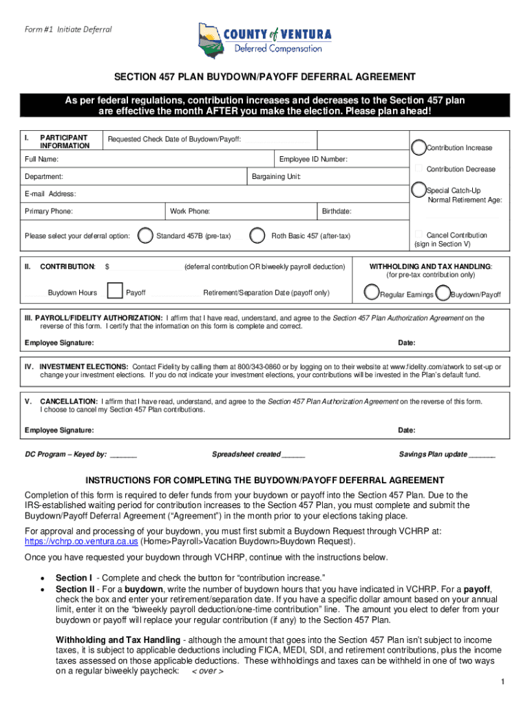 Fillable Online SECTION 457 PLAN BUYDOWN/PAYOFF DEFERRAL AGREEMENT As ...