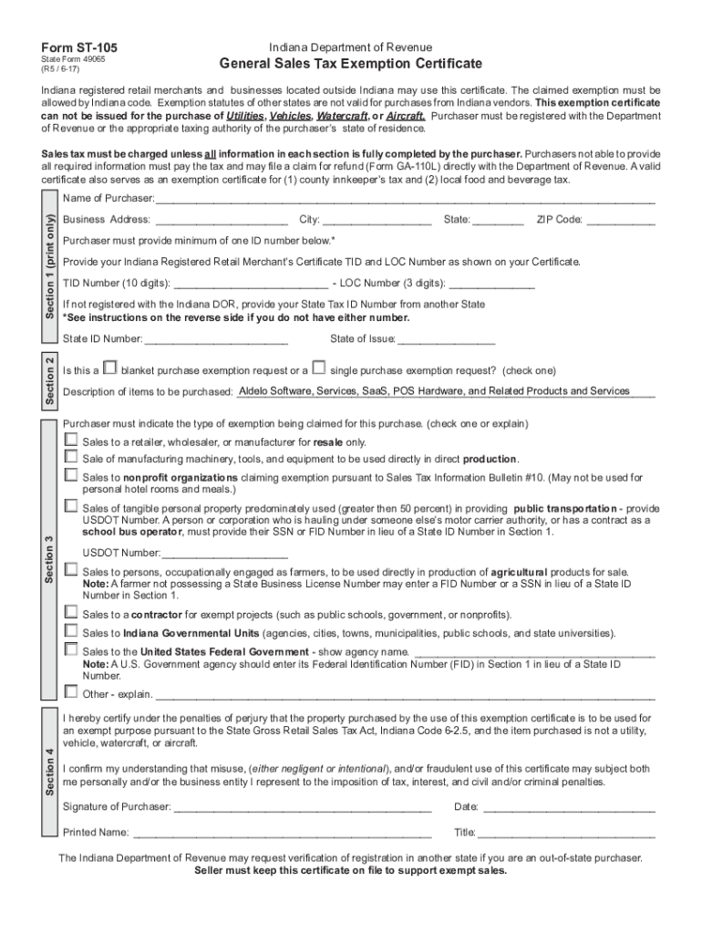 Fillable Online Form ST-105 Indiana Department of Revenue General ...