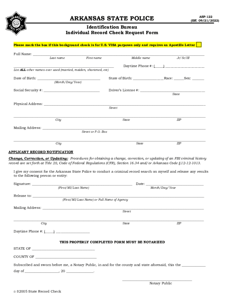 Fillable Online ARKANSAS STATE POLICE ASP 122 02/19/201 ...