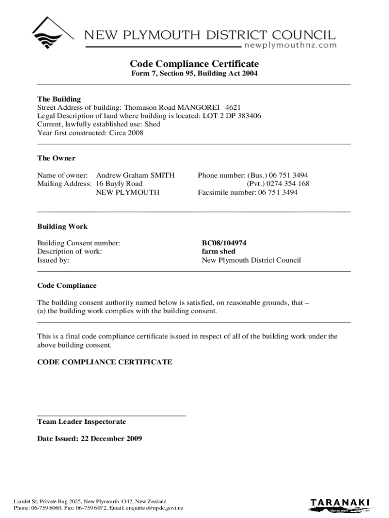 Fillable Online form-07.doc - Form 7 Code compliance certificate ...